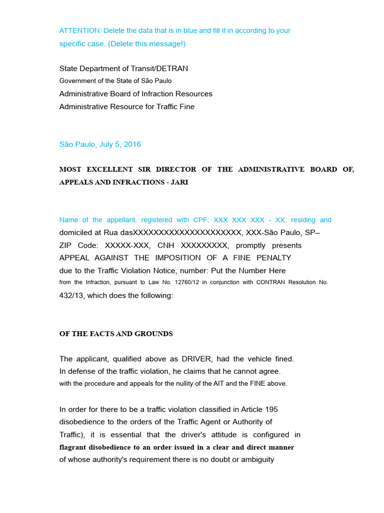 4 - Disobeying Traffic Agent's Order - Model of Appeal For Fine ETD ...