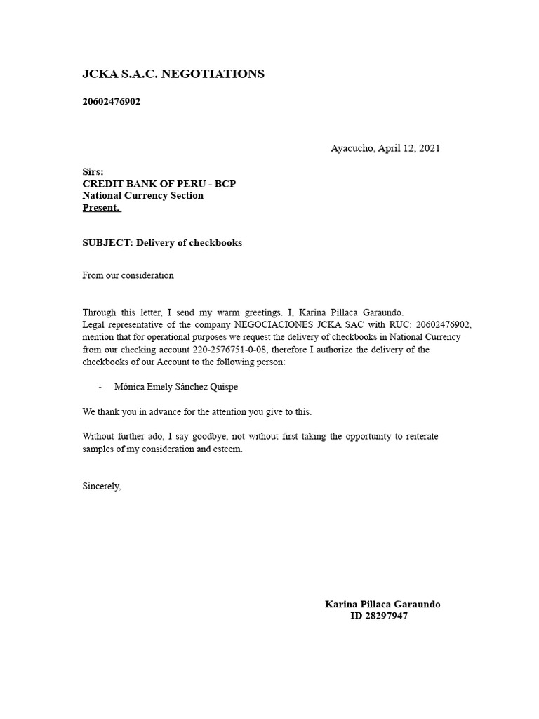 Letter To BCP Request For Checkbooks | PDF