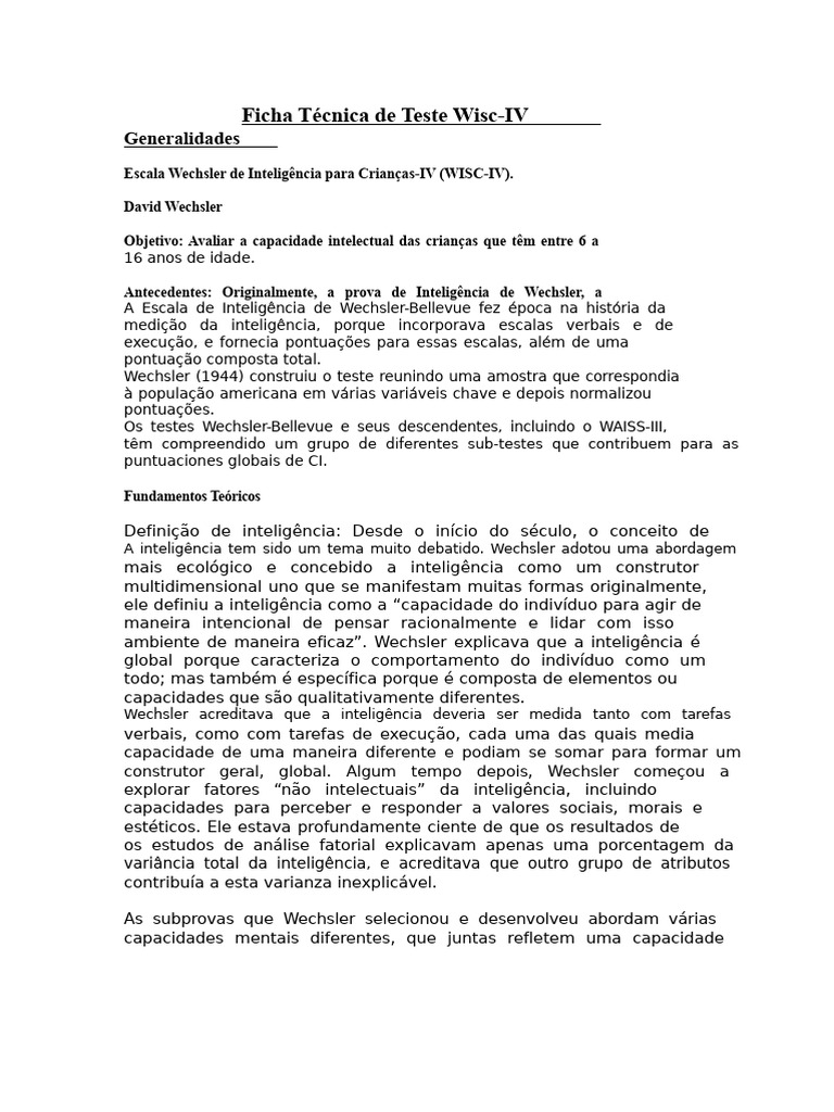 WISC-IV: Avaliação da Inteligência Infantil | PDF | Memória de trabalho ...