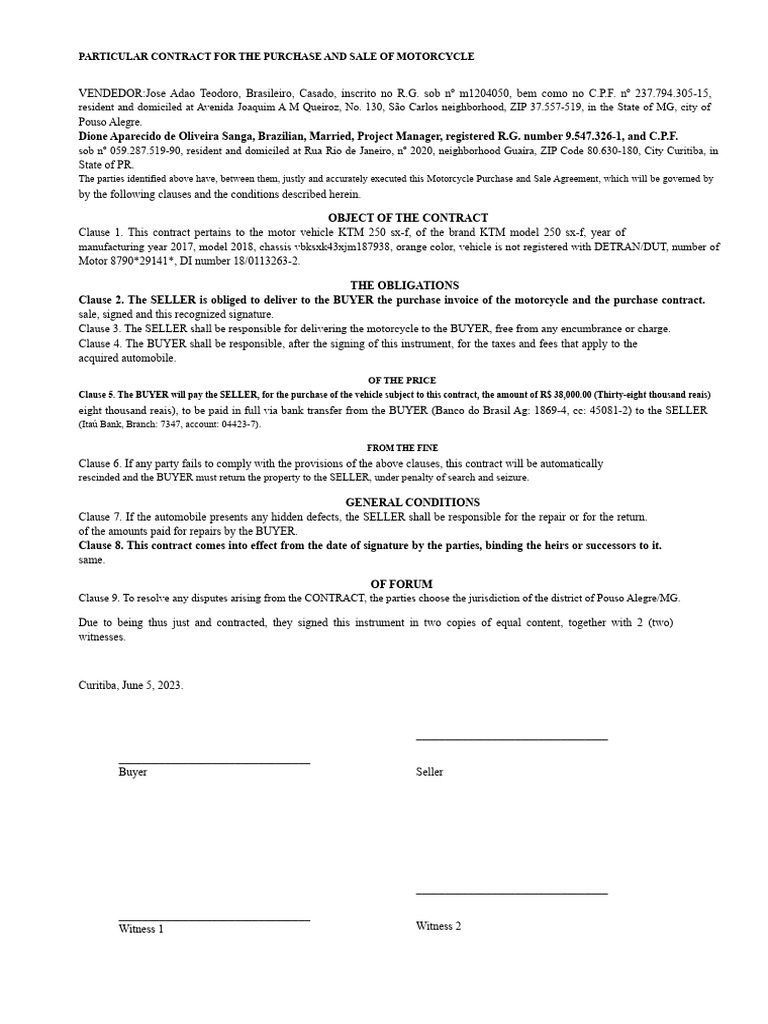 Motorcycle Purchase and Sale Agreement | PDF | Private Law | Common Law