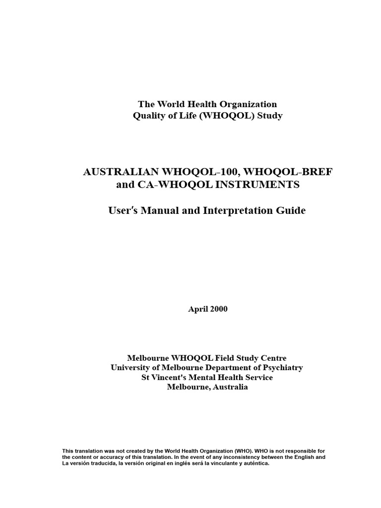 Australian Version - Manual and Questionnaires - WHOQOL-100 and BREF ...