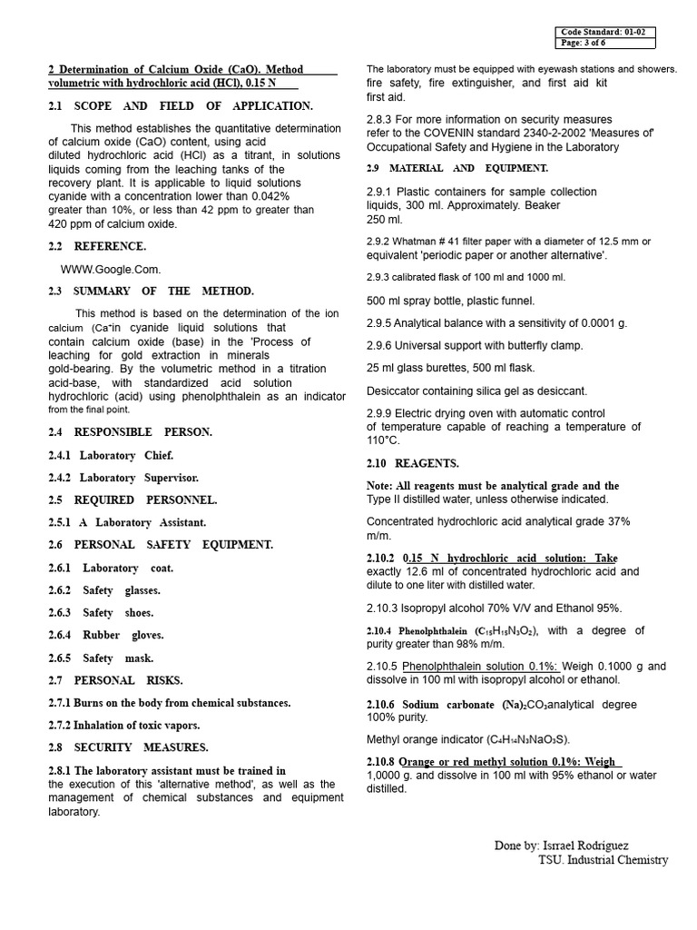 Ma 01 02 Determination Of Calcium Oxide Cao With Hydrochloric Acid
