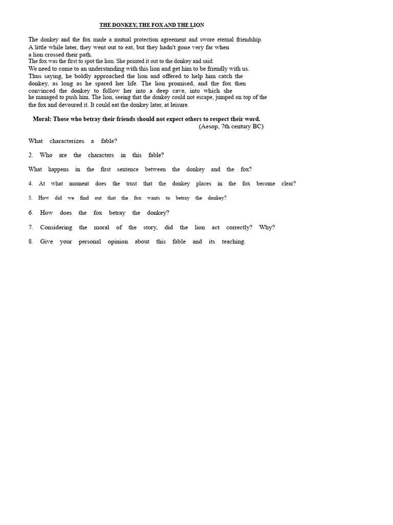 1 Aesop 1 The Donkey, The Fox, and The Lion 8pg | PDF