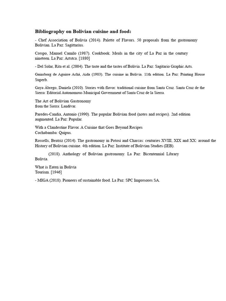 Bibliography On Bolivian Cooking and Food | PDF