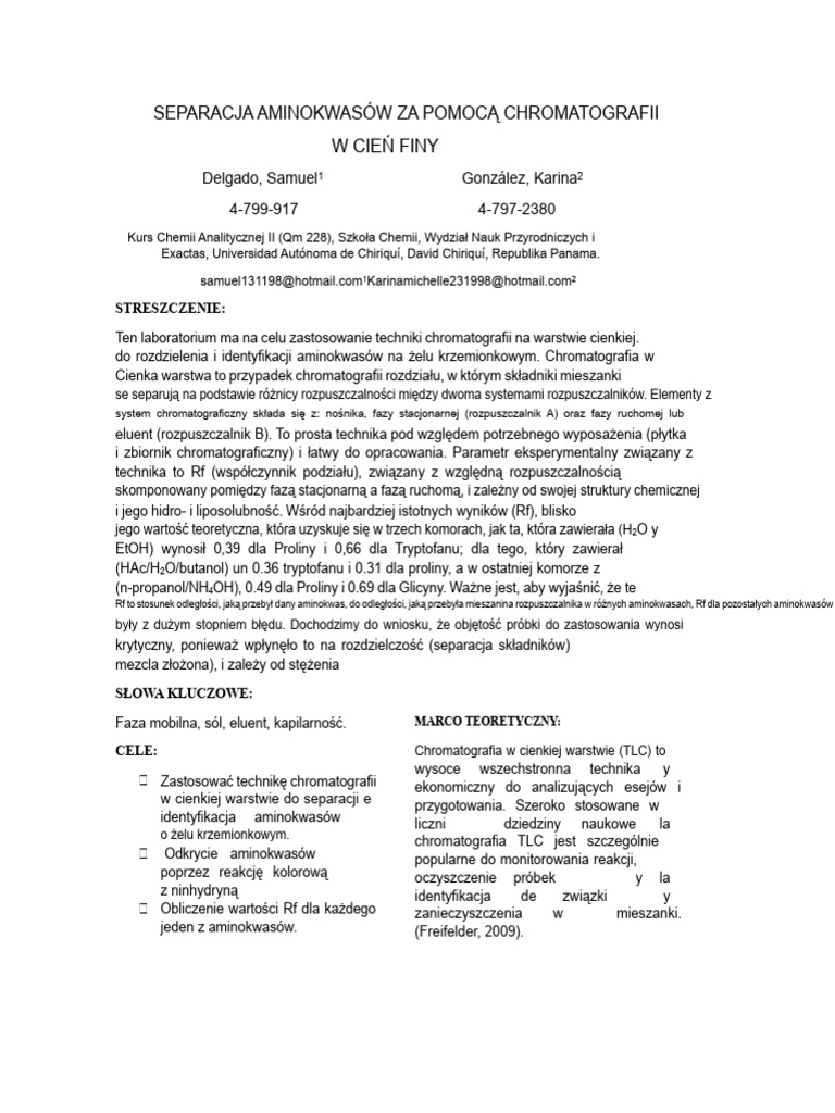 Separacja Aminokwasów Za Pomocą Chromatografii Cienkowarstwowej | PDF