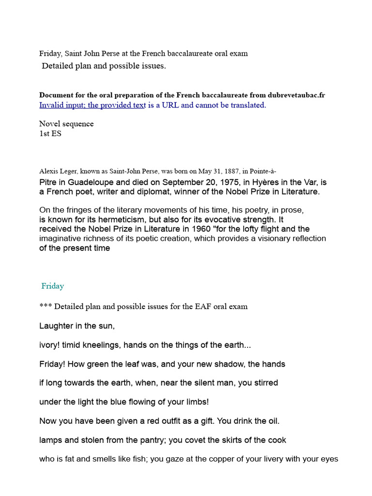 Friday, Saint John Perse at The French Baccalaureate Oral: Detailed ...
