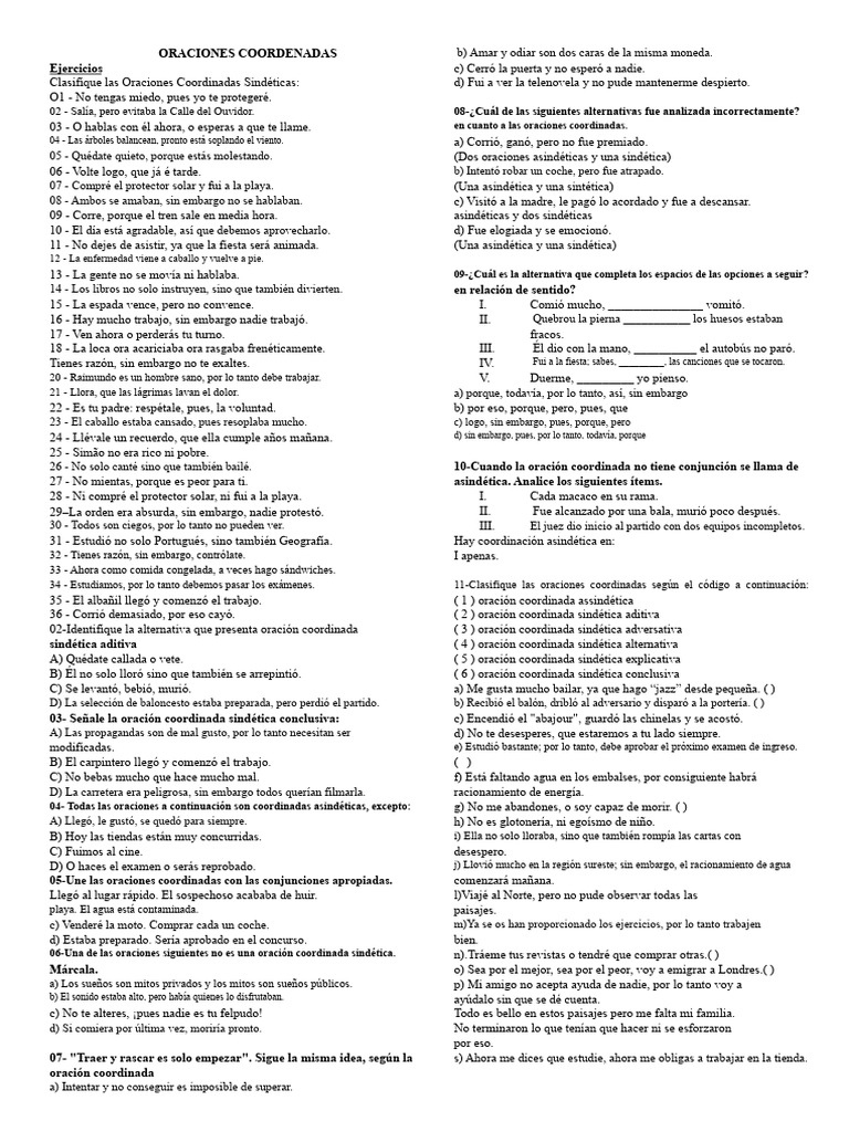 Ejercicios Oraciones Coordinadas | PDF
