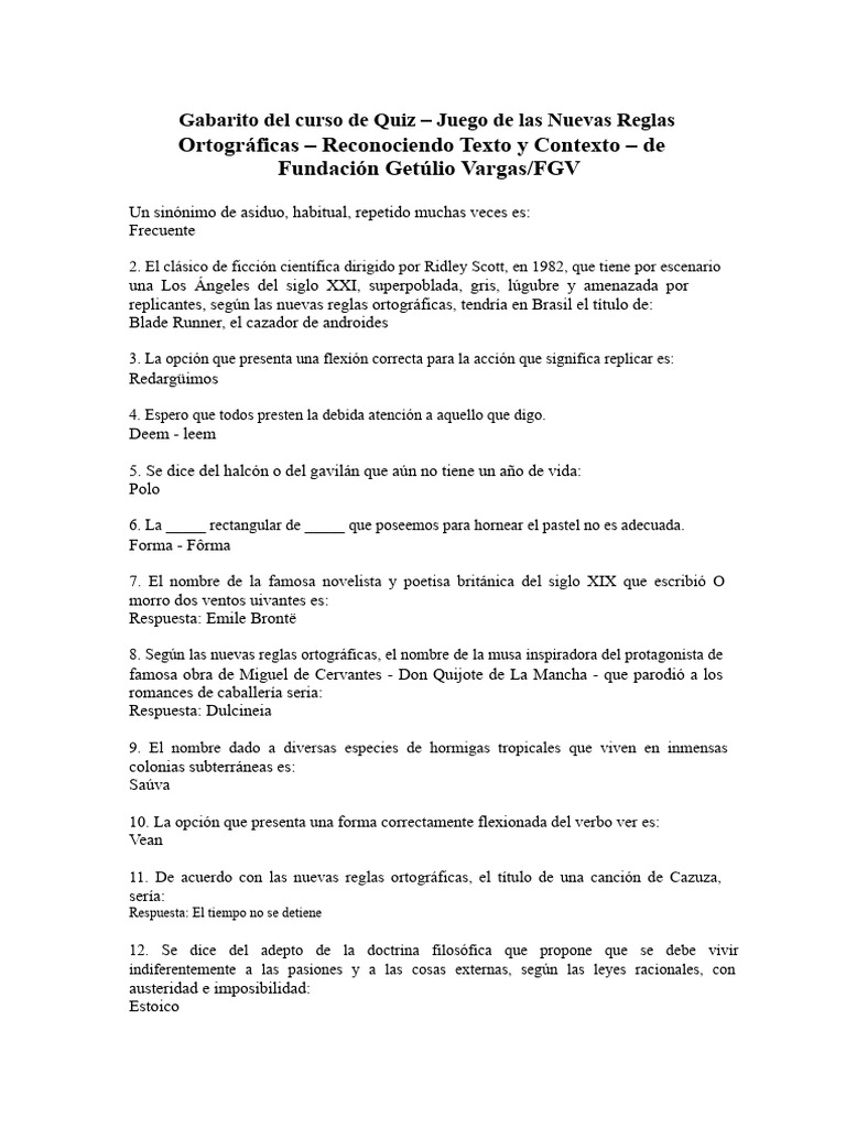 FGV - Gabarito Del Curso Quiz - Juego de Las Nuevas Reglas Ortográficas ...