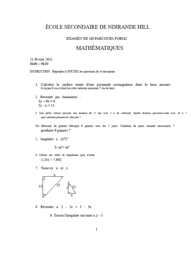 Examen de mathématiques Form2 Ndirande | PDF