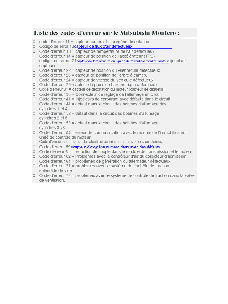 Liste Des Codes D'erreur Pour La Mitsubishi Montero | PDF