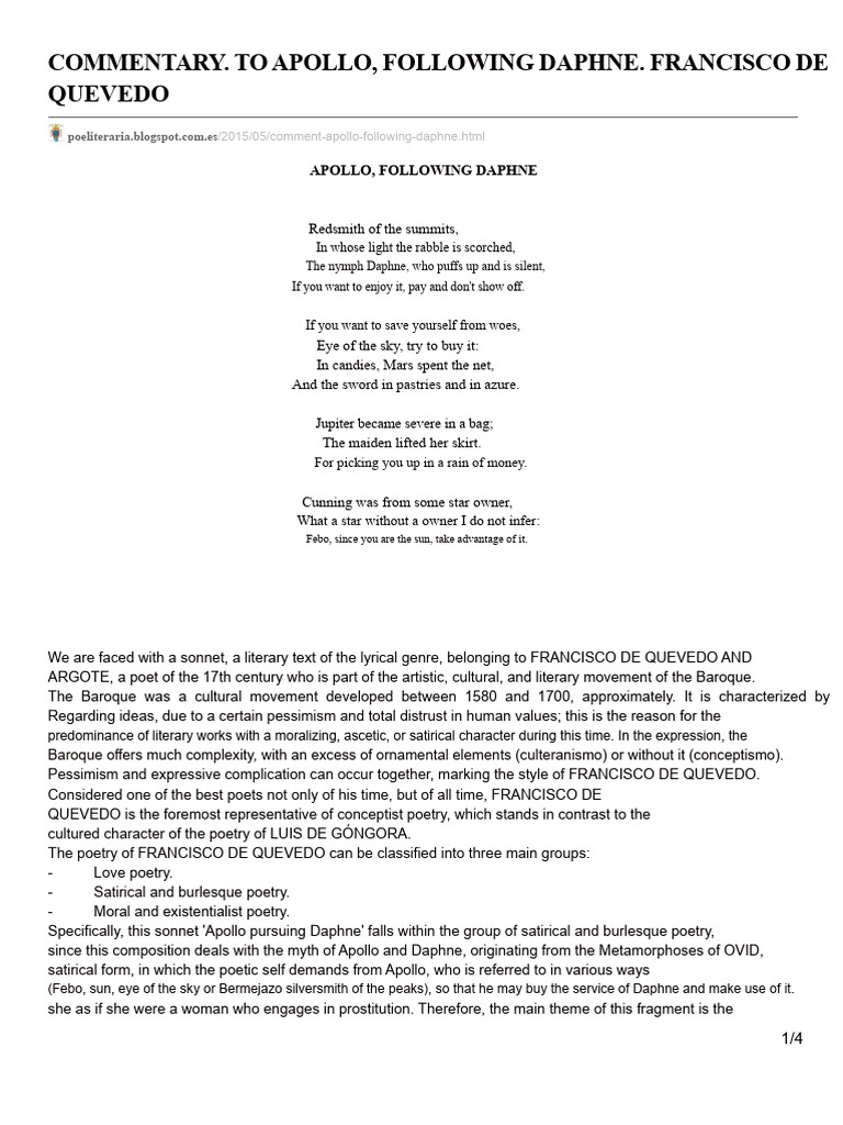 Quevedo. To Apollo Following Daphne | PDF | Poetry | Apollo