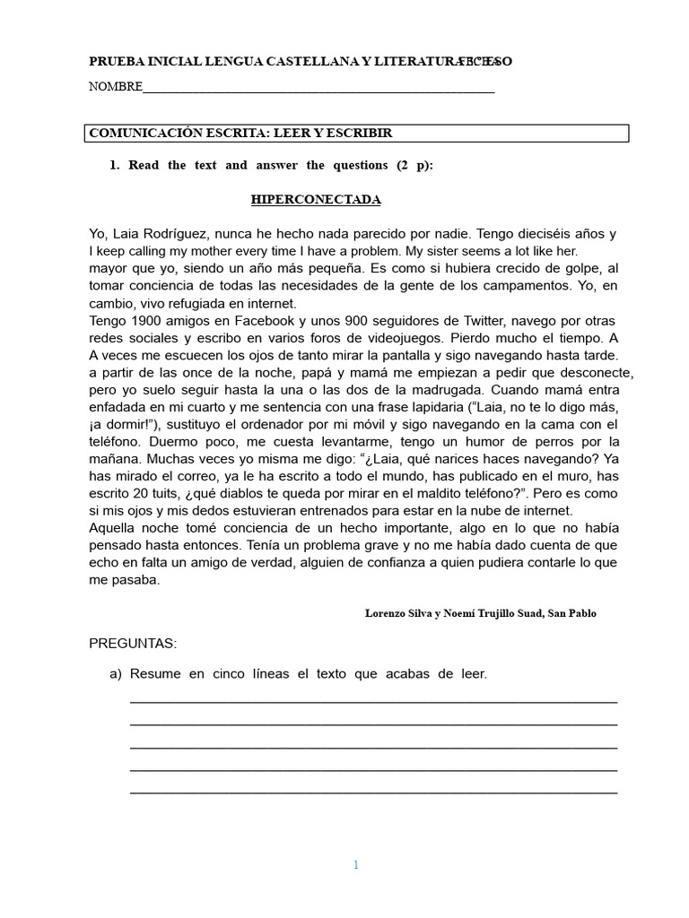 Initial Test 3rd Year of ESO Spanish 2023-24 | PDF | Palabra | Género ...