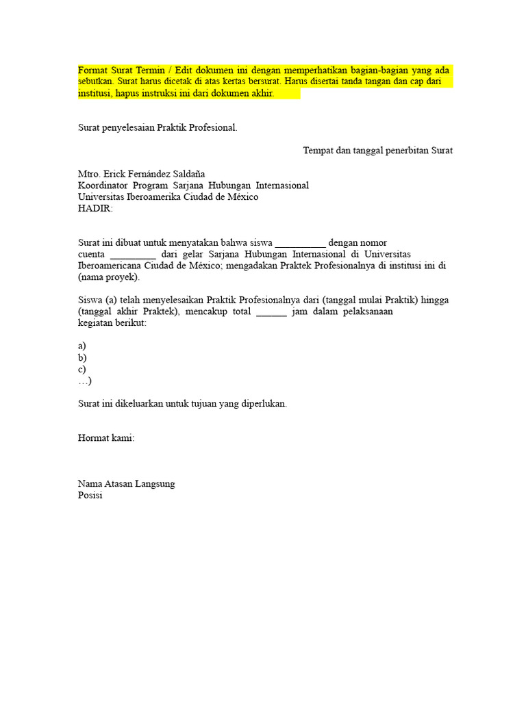 Format Surat Penyelesaian Praktik Profesional | PDF