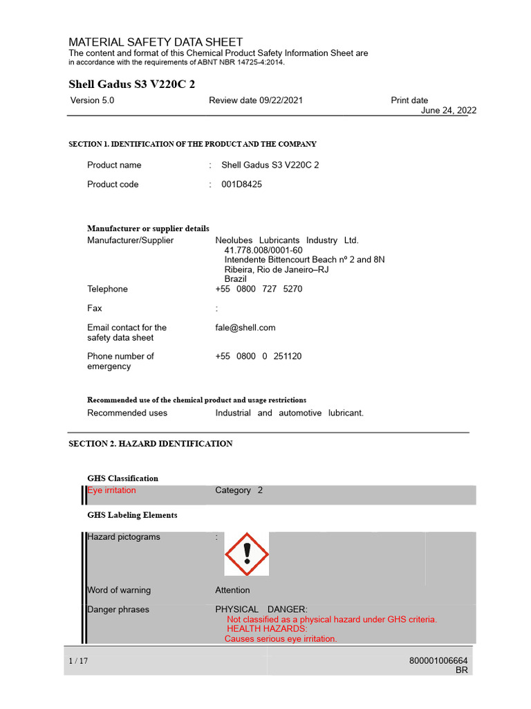 Safety Data Sheet - Shell Gadus S3 V220C 2 Automotive and Industrial ...