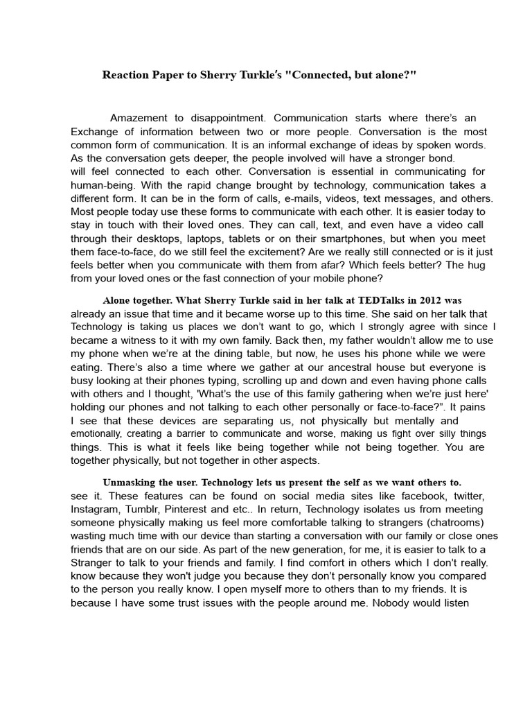 Reaction Paper To Sherry Turkle | PDF