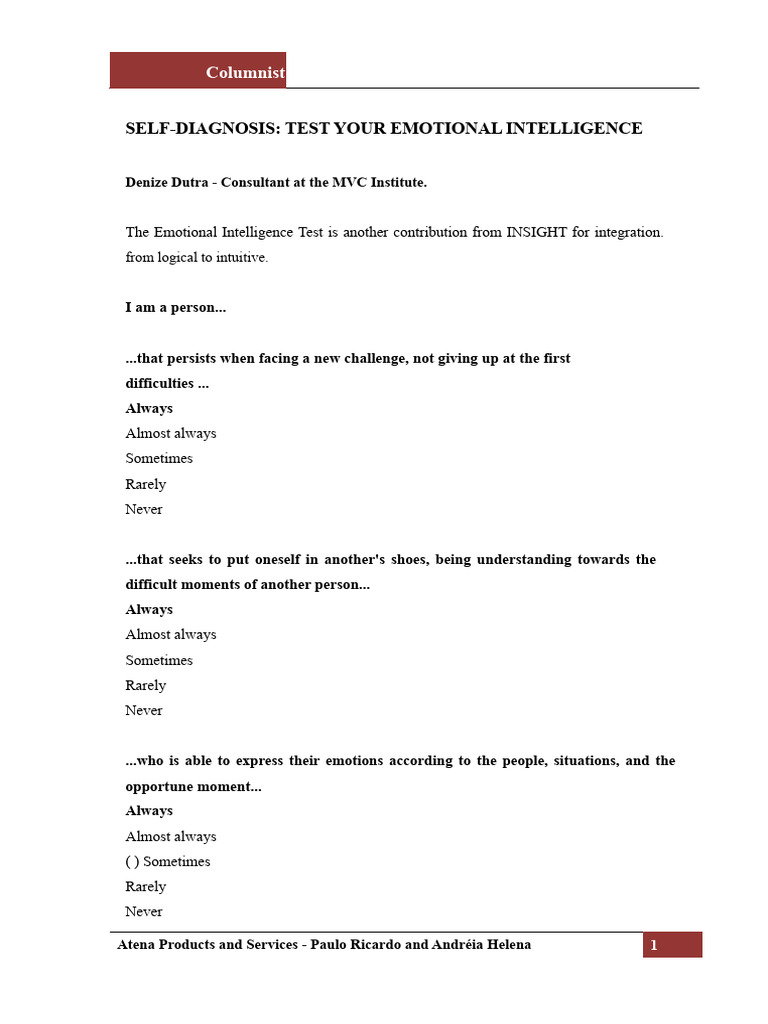 SELF-DIAGNOSIS - Test Your Emotional Intelligence | PDF | Emotional ...