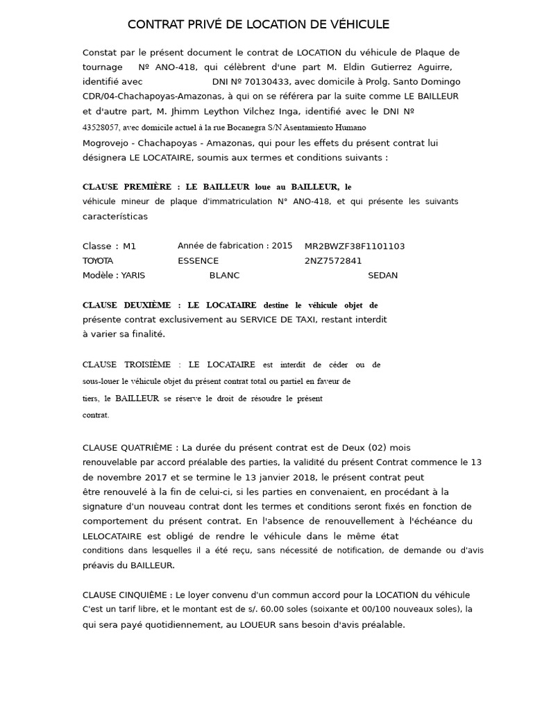 Contrat de Location de Véhicule Sedan | PDF | Véhicules