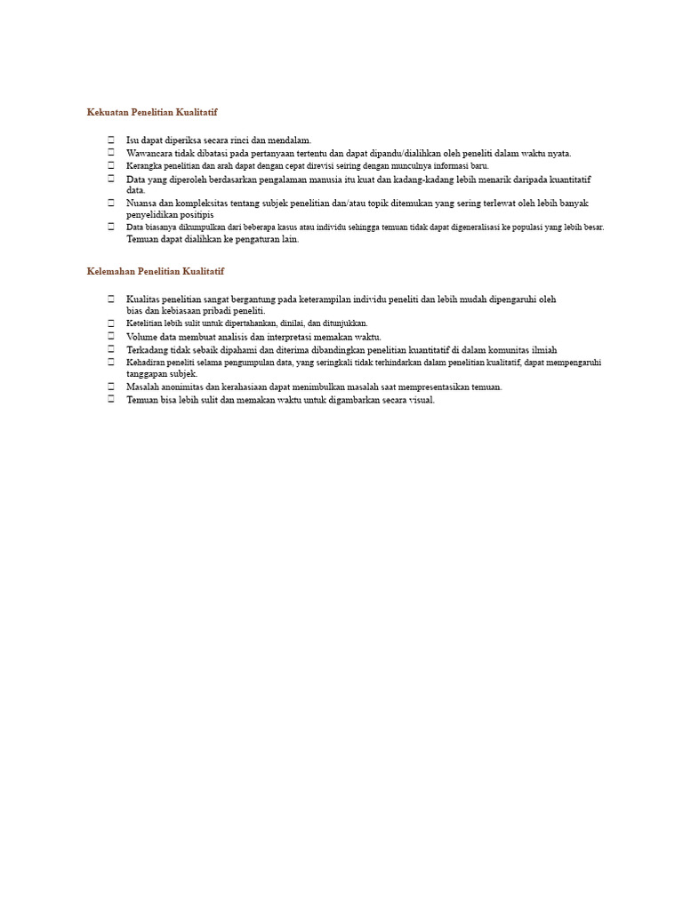 Kekuatan dan Kelemahan Penelitian Kualitatif | PDF