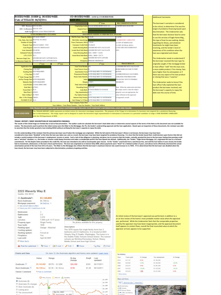Sample Triage Report Card - Diligence Group | PDF | Loans | Mortgage Loan