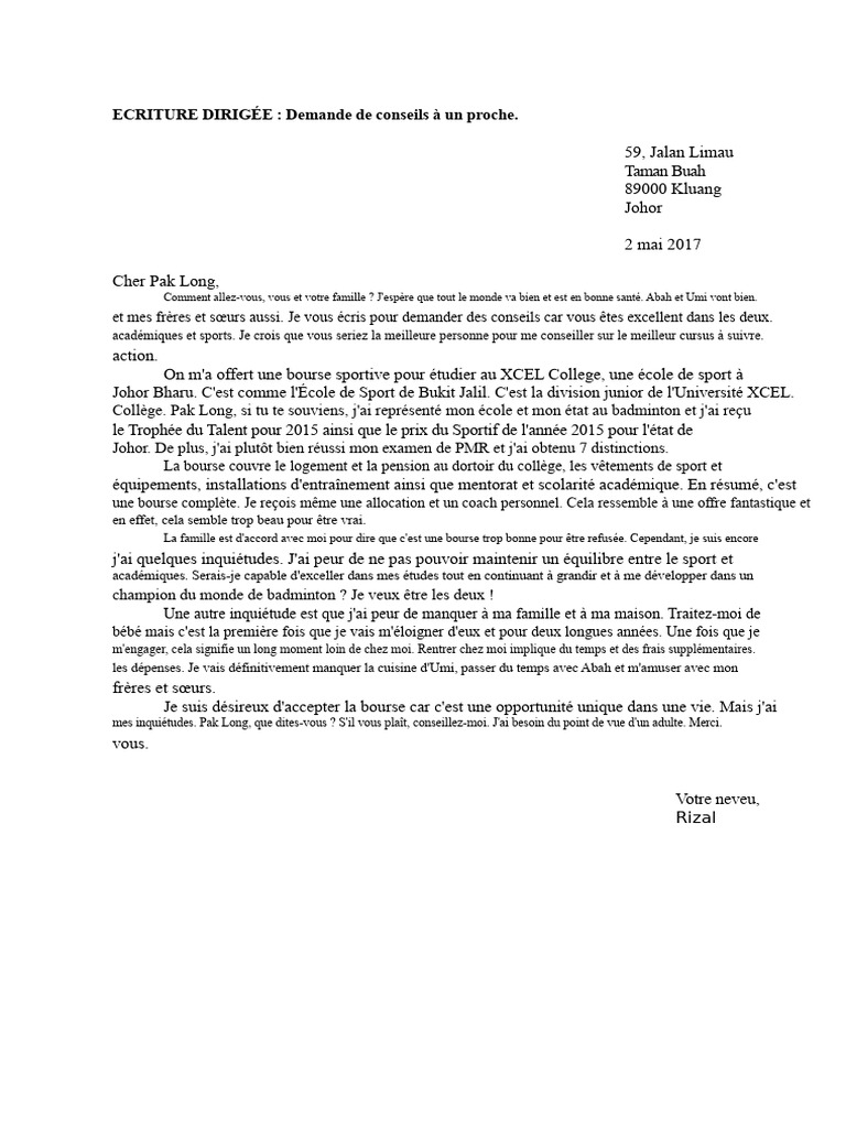 Échantillon D'écriture Dirigée - Lettre Informelle | PDF