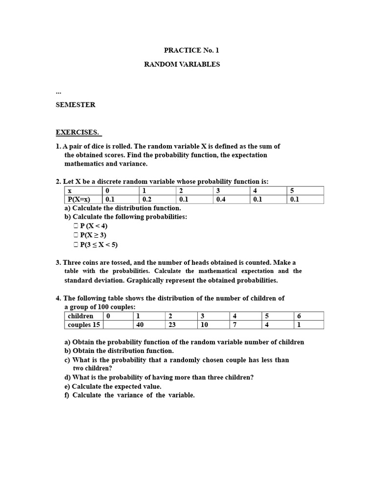 Random Variables: Exercises and Solutions | PDF | Probability ...