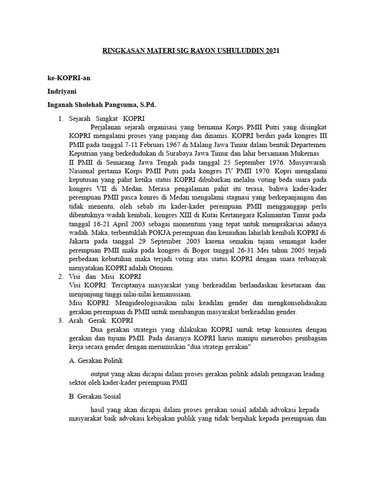Sejarah dan Visi KOPRI PMII 2021 | PDF