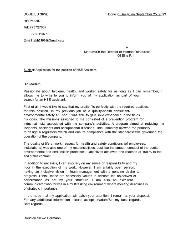 Cover Letter For HSE Assistant | PDF