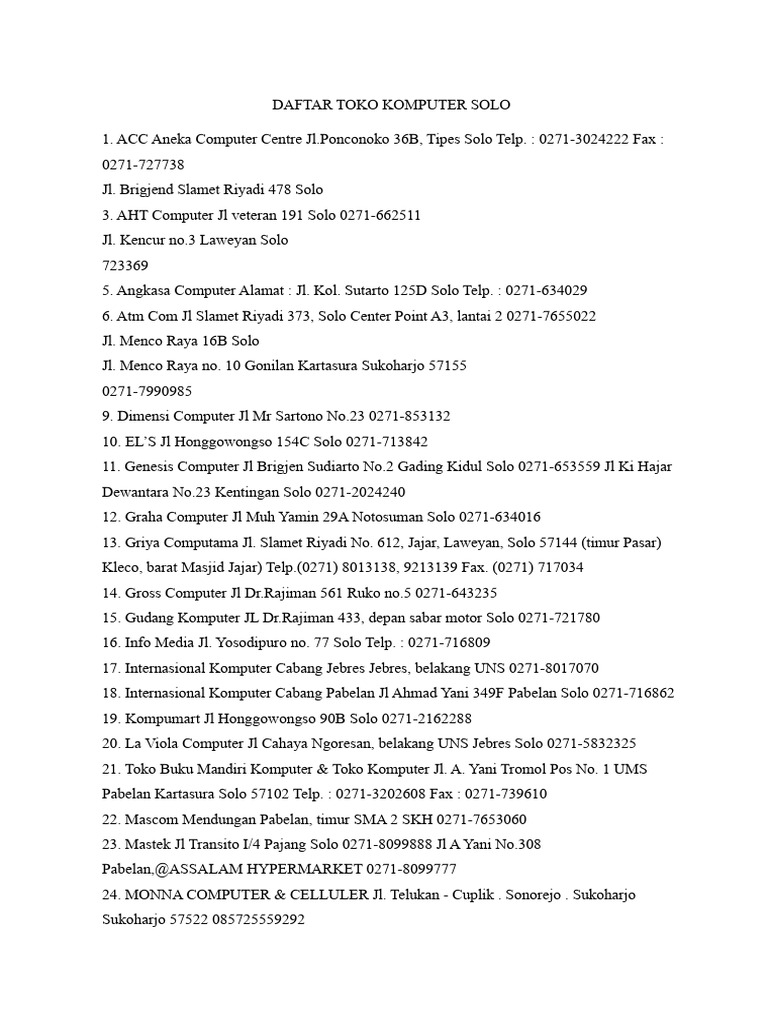 Daftar Toko Komputer Solo | PDF