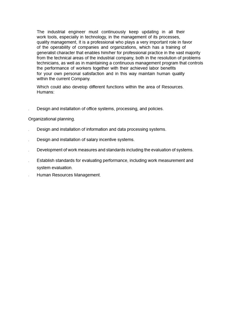 Industrial Engineer Roles in HR Management | PDF