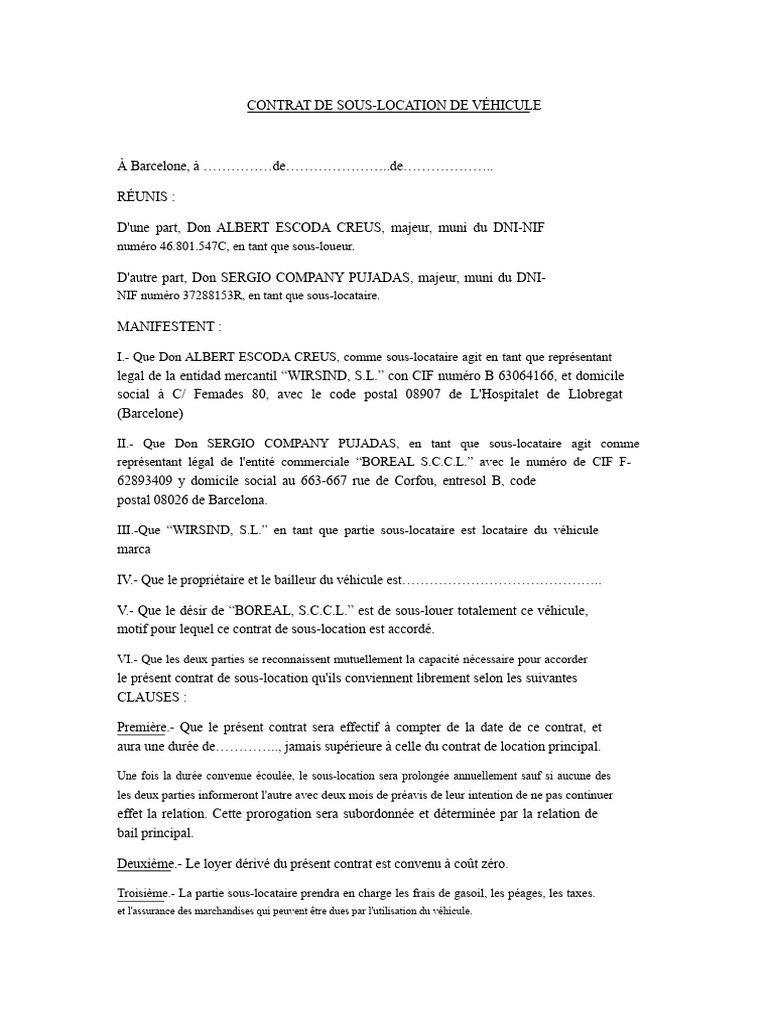 Contrat de sous-location de véhicule | PDF