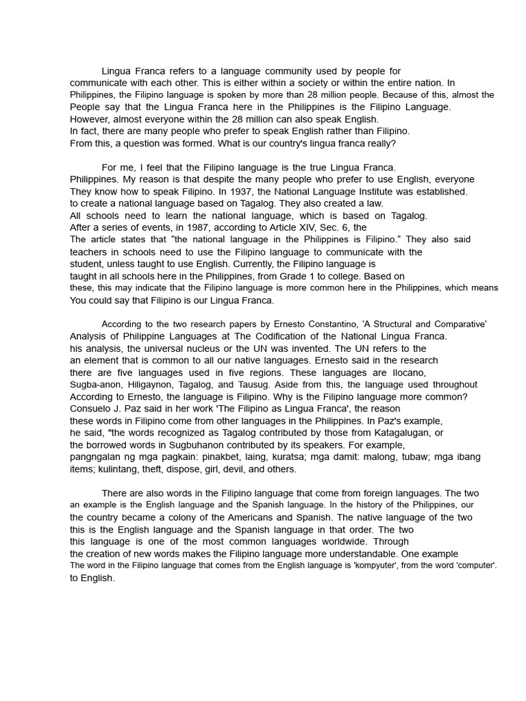 Filipino: The Lingua Franca of the Philippines | PDF | Tagalog Language ...