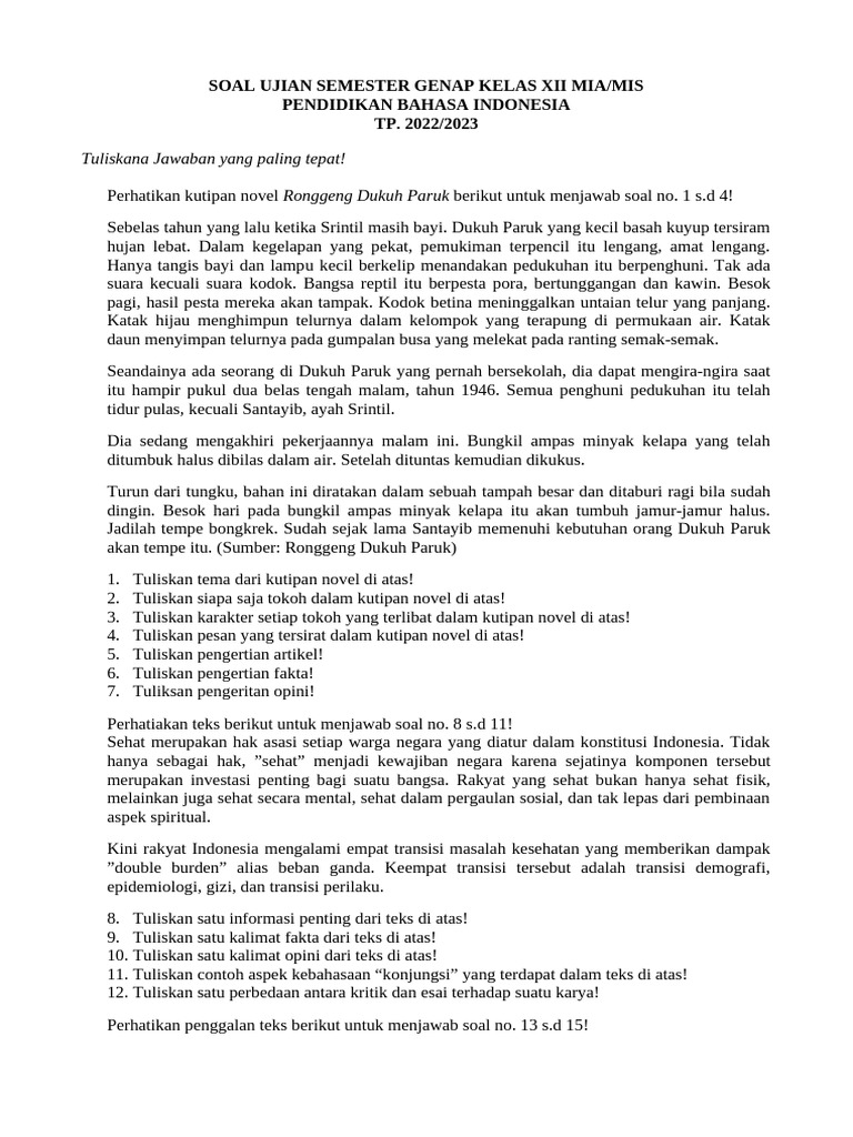 Soal Ujian Semester Genap Bindo Kelas Xii Mia-Mis (2022-2023) | PDF