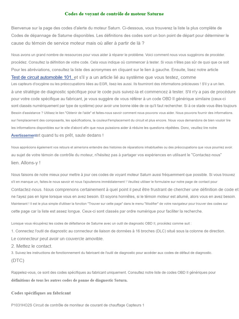 Codes DTC Saturne et Solutions | PDF | Allumage | Injection (moteur)