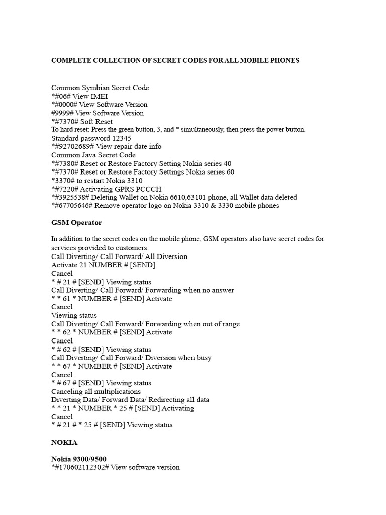 Complete Collection of Secret Codes For All Mobile Phones | PDF ...