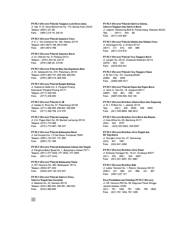 Daftar Alamat Kantor PT PLN | PDF