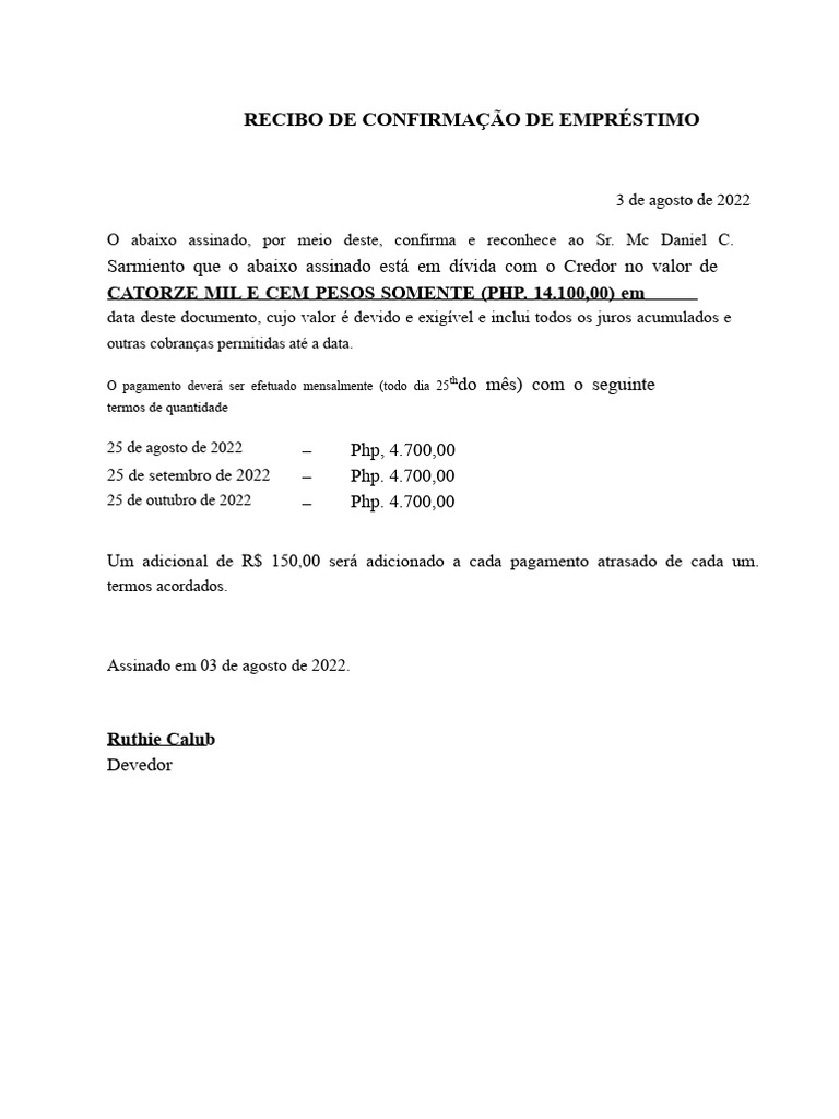 RECIBO DE RECONHECIMENTO DE EMPRÉSTIMO | PDF | Empréstimos