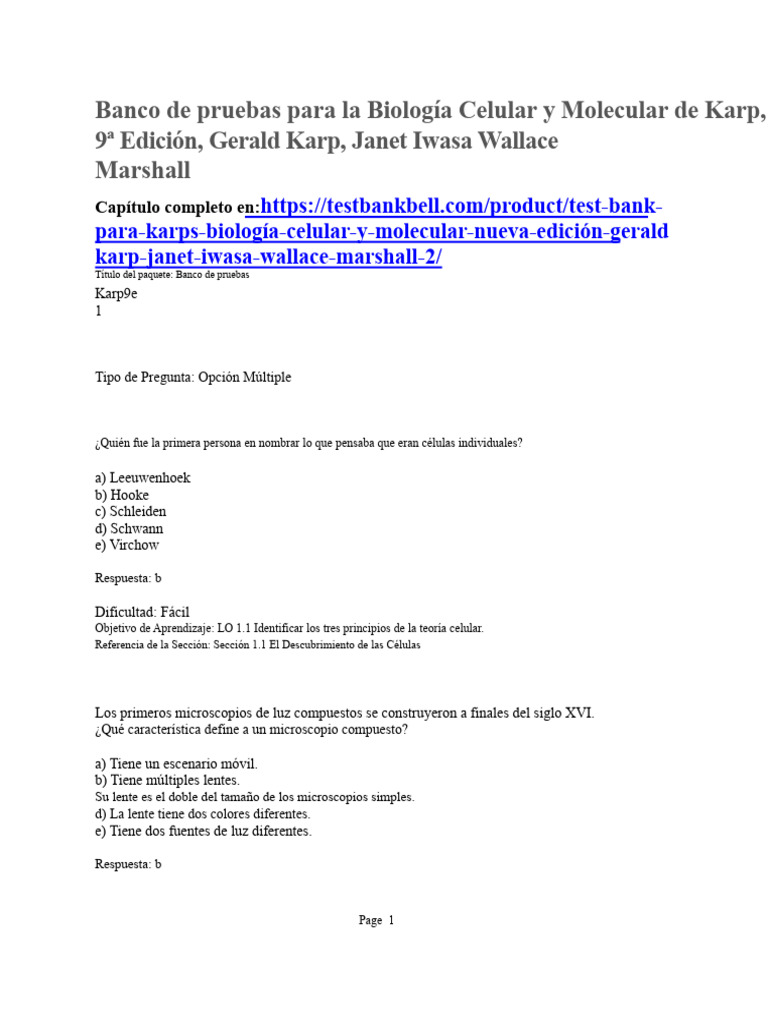 Banco de Pruebas para La Biología Celular y Molecular de Karp 9 Edición Gerald Karp Janet Iwasa ...
