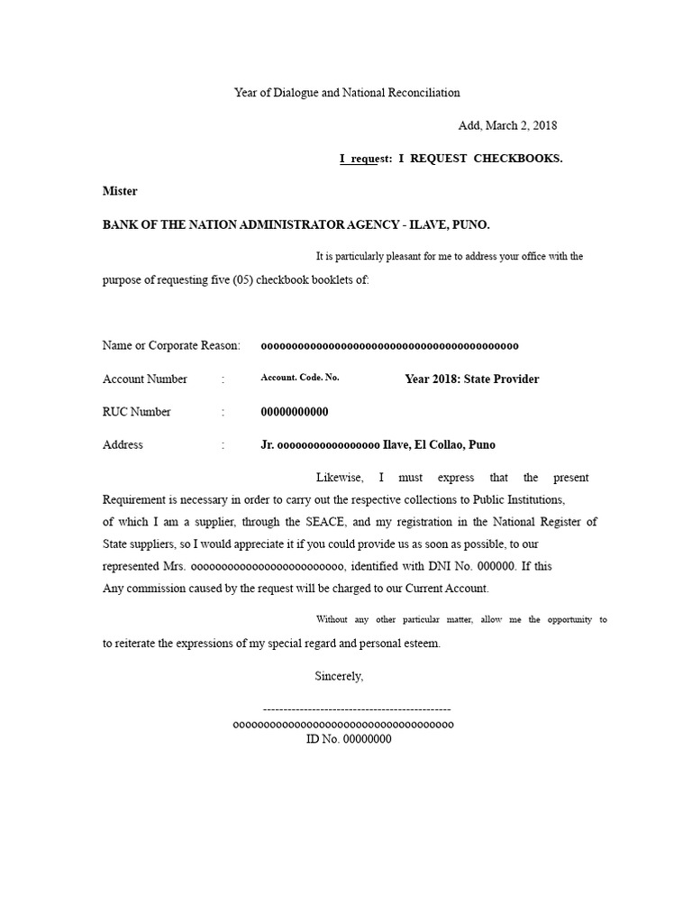Model of Checkbook Request Banco Nación Peru | PDF