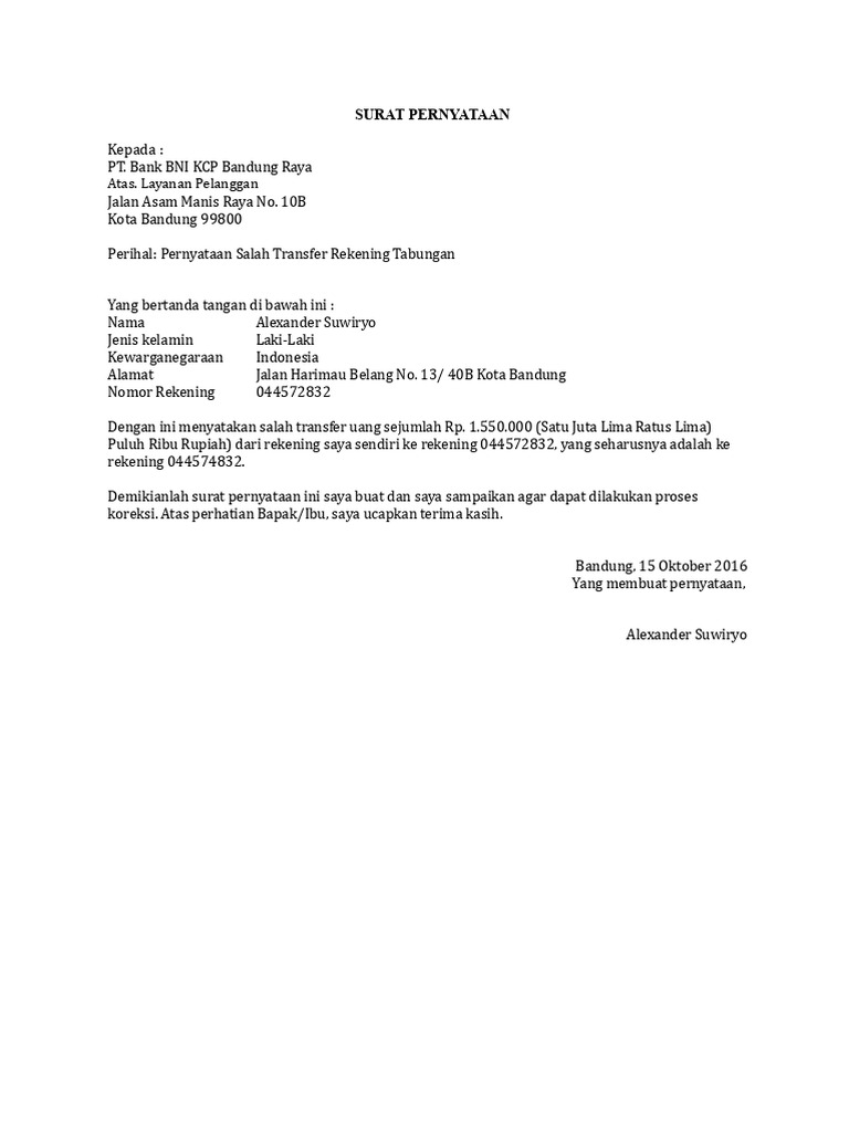 Contoh Surat Pernyataan Salah Transfer Uang Melalui Bank BNI | PDF