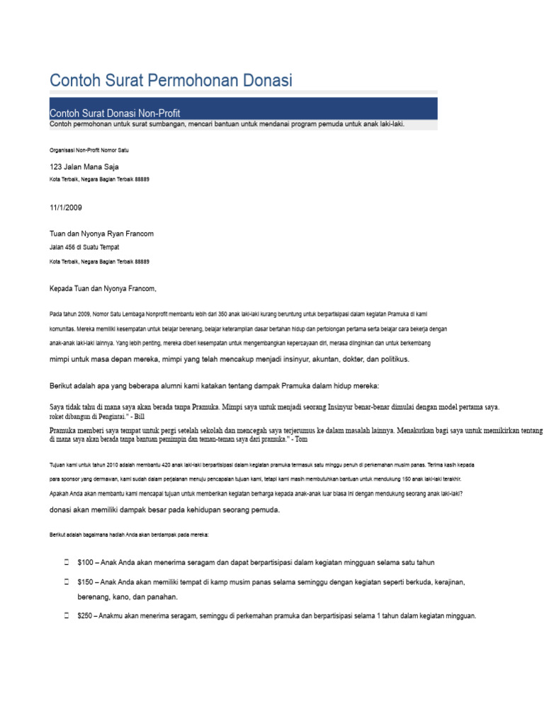Surat Permohonan Donasi Contoh | PDF