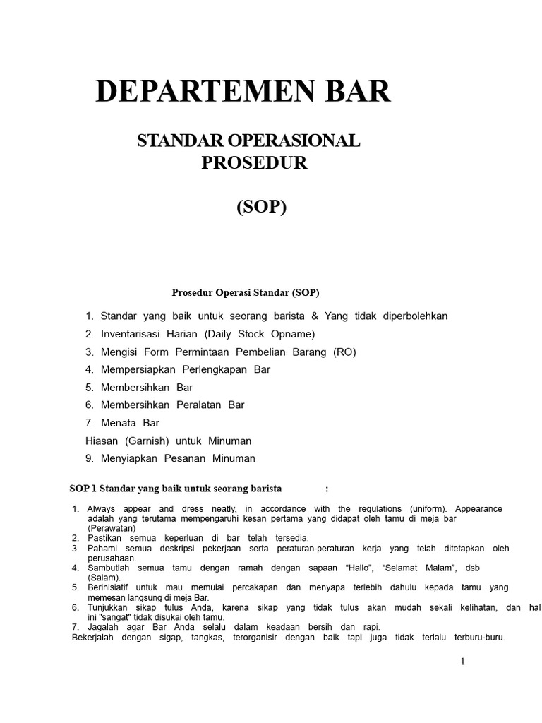 SOP Operasional Bar untuk Barista | PDF