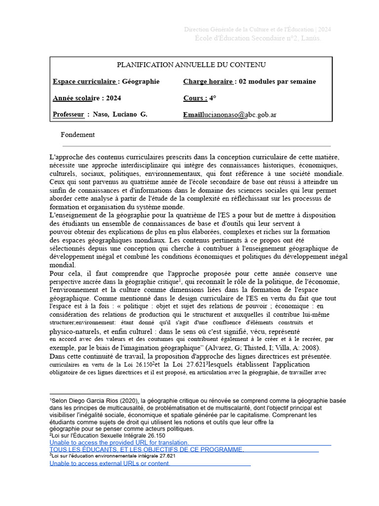 PLANIFICATION GÉOGRAPHIE 4e ANNÉE ÉCOLE SECONDAIRE | PDF | Géographie ...