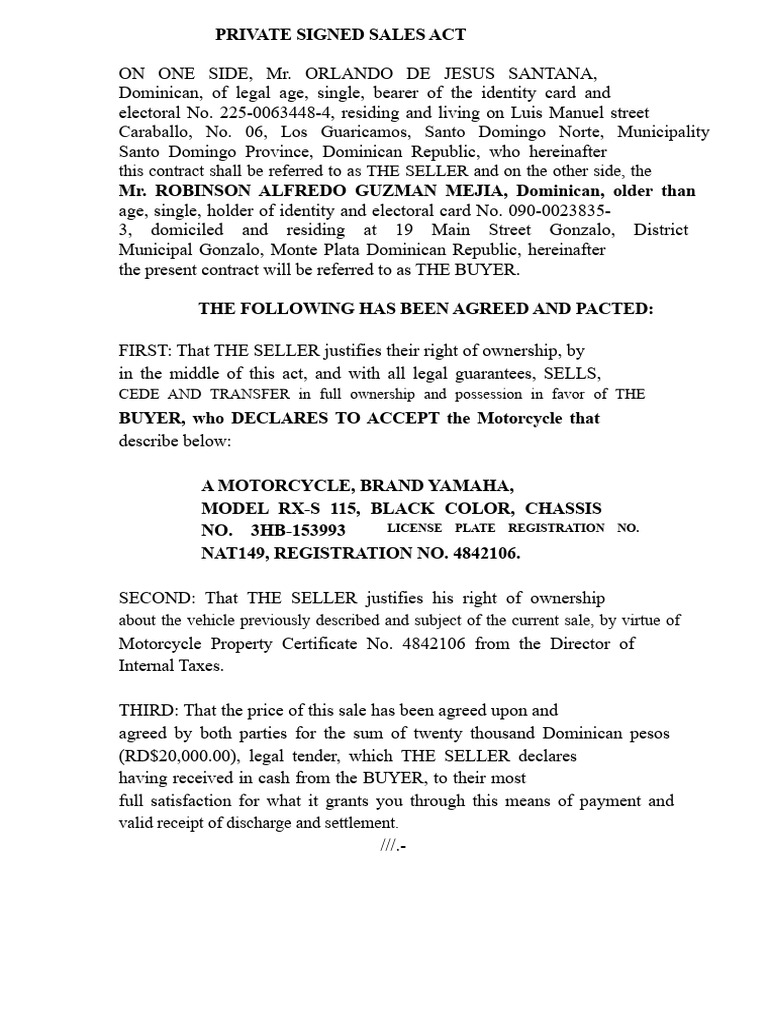 Motorcycle Sale Agreement | PDF | Dominican Republic