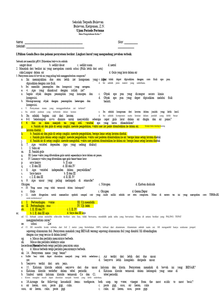 Ilmu Pengetahuan G7 (Kuartal 1 Dan 2 - Tos, Kuesioner, Kunci Jawaban | PDF