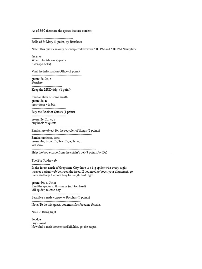 Current MUD Quests List (March 1999) | PDF