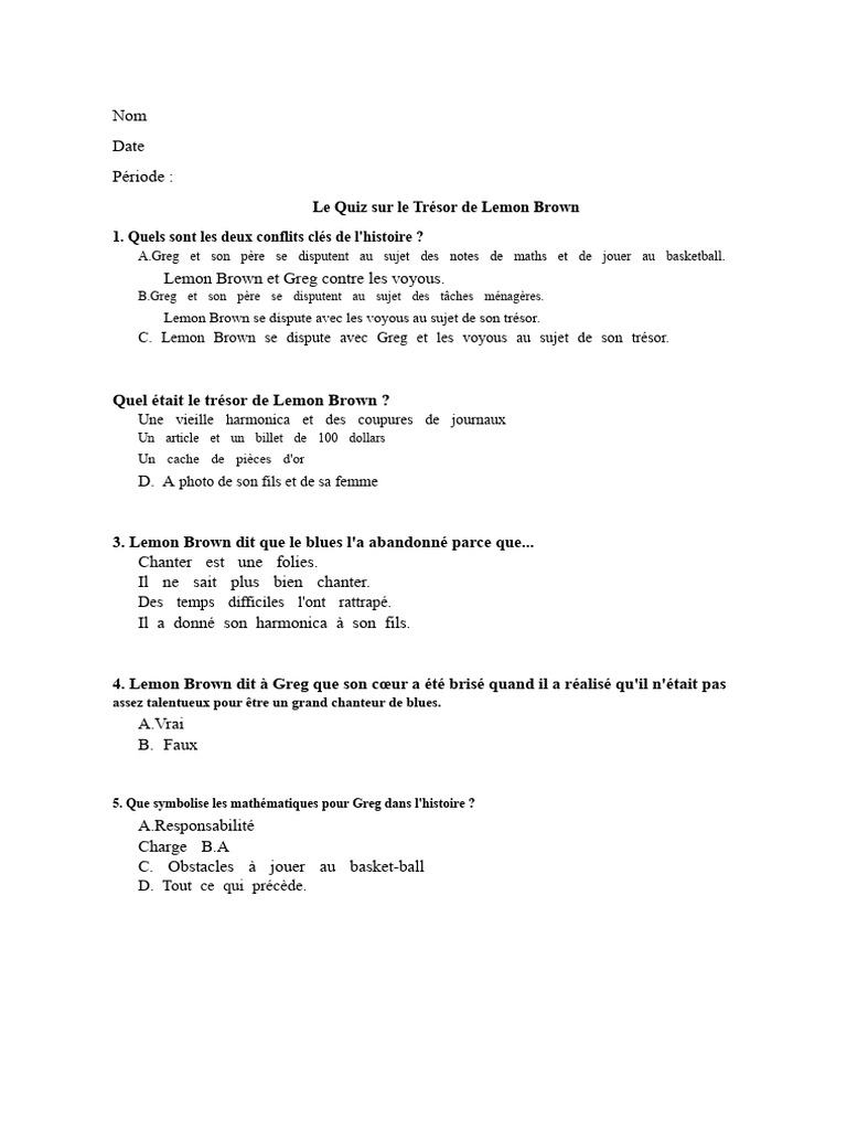 Quiz sur "Le Trésor de Lemon Brown" | PDF