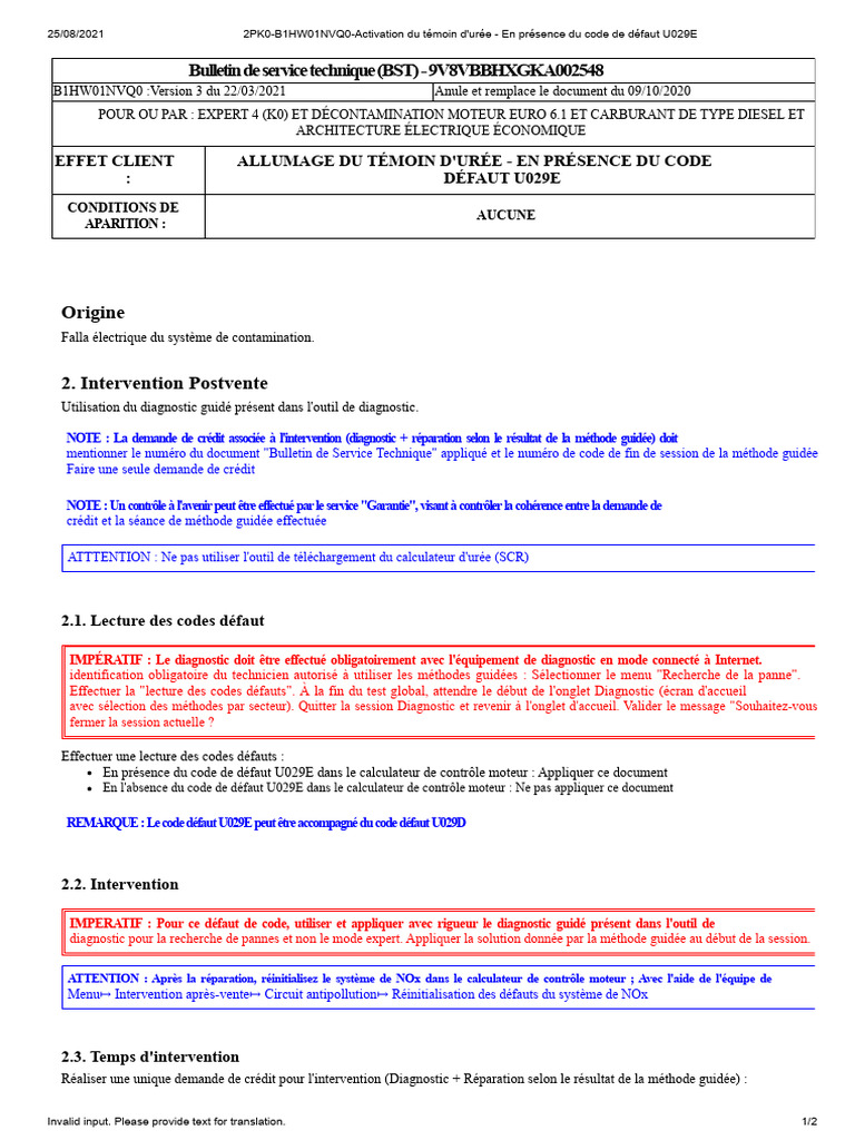 Activation témoin urée - Code U029E | PDF