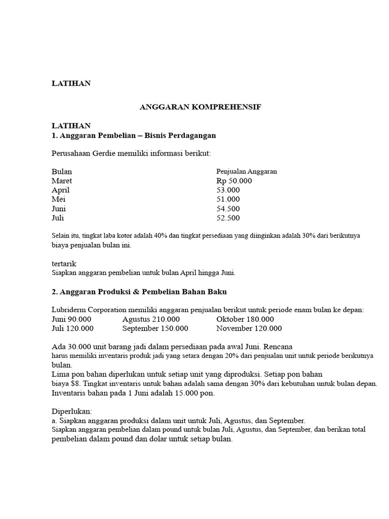 Latihan - Penganggaran Komprehensif | PDF