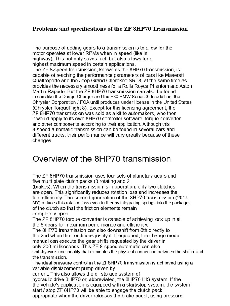 ZF 8HP70 Transmission Issues & Specs | PDF | Automatic Transmission ...
