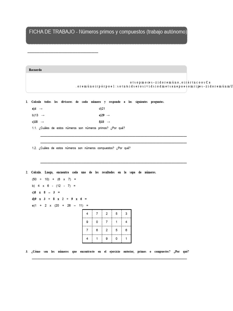 FichasTrabajo - Números Primos y Compuestos | PDF